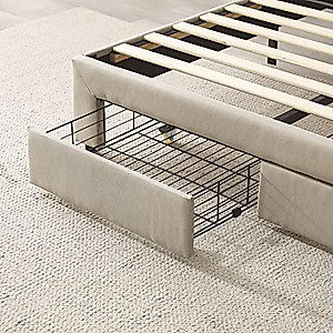 GOOD & GRACIOUS Beige Full Size Bed Frame, Platform Bed with Upholstered & Tufted Headboard and Frame with Storage Drawers