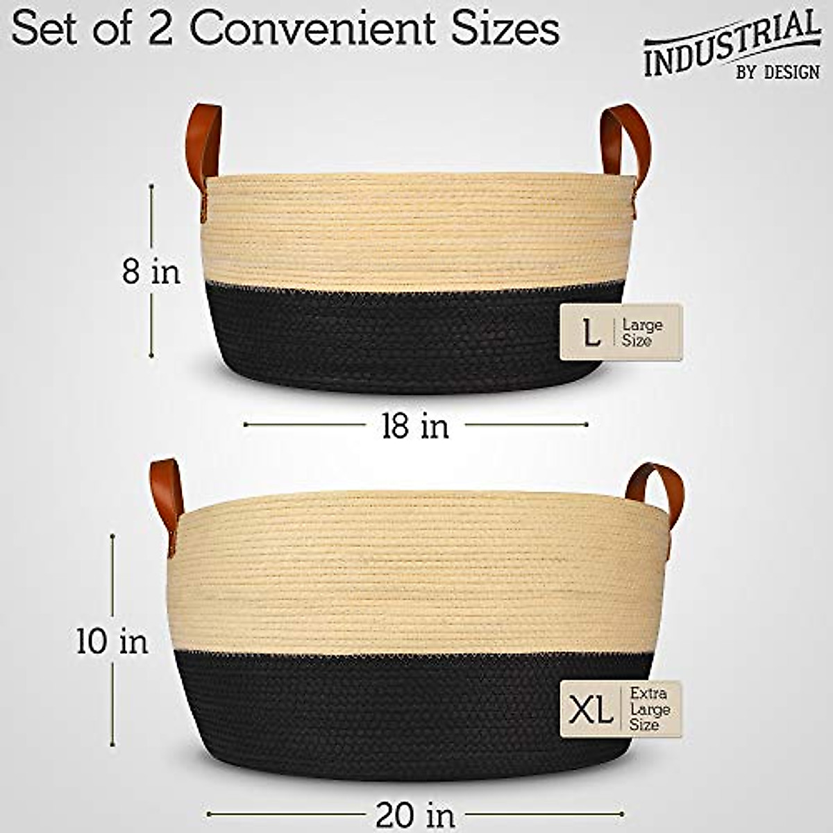 XL and Large Blanket Storage Baskets, 2pc Set – Luxury Palm Woven Basket with Durable Vegan Leather Handles – Decorative Basket for Living Room, Bedroom, Nursery, Blankets, Throws, Toys