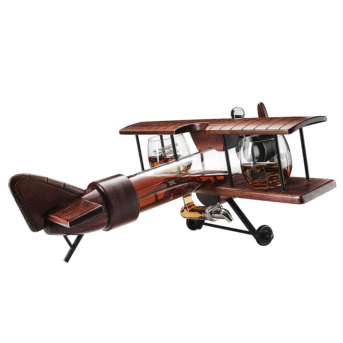 Whiskey & Wine Decanter Airplane Set and Glasses Antique Wood Airplane - The Wine Savant Whiskey Gift Set and 2 Airplane Glasses, Pilot Gift Moving Parts- Alcohol Related Gift, BAR DECOR Large 21"