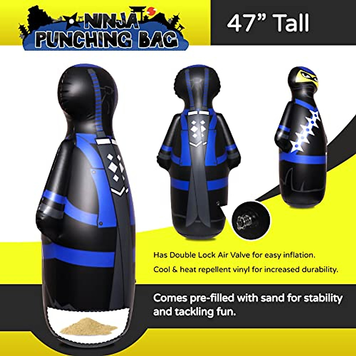 INFLATABLE DUDES Ninja (Nobi) 47 Inches -Kids Punching Bag | Already Filled with Sand| Bop Bag | Inflatable Toy | Boxing - Premium Vinyl- | Bounce-Back Action! | Indoor Outdoor -Play Therapy