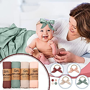 Tatuo 4 Pack Baby Swaddle Blanket Breathable Muslin Swaddle Blanket for Boys Girls, 4 Soft Elastic Baby Headbands with Hair Bows, 47 x 47 Inch Receiving Blanket for Newborn Infant(Light Color)