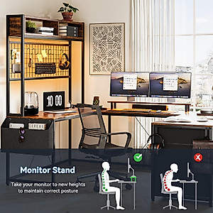 U Shaped Desk with Monitor Stand and LED Lights, U Shaped Gaming Desk with Storage Shelves, Large Computer Desk with Power Outlets, Large Corner Office Desk with 4 Drawers,Rustic Brown