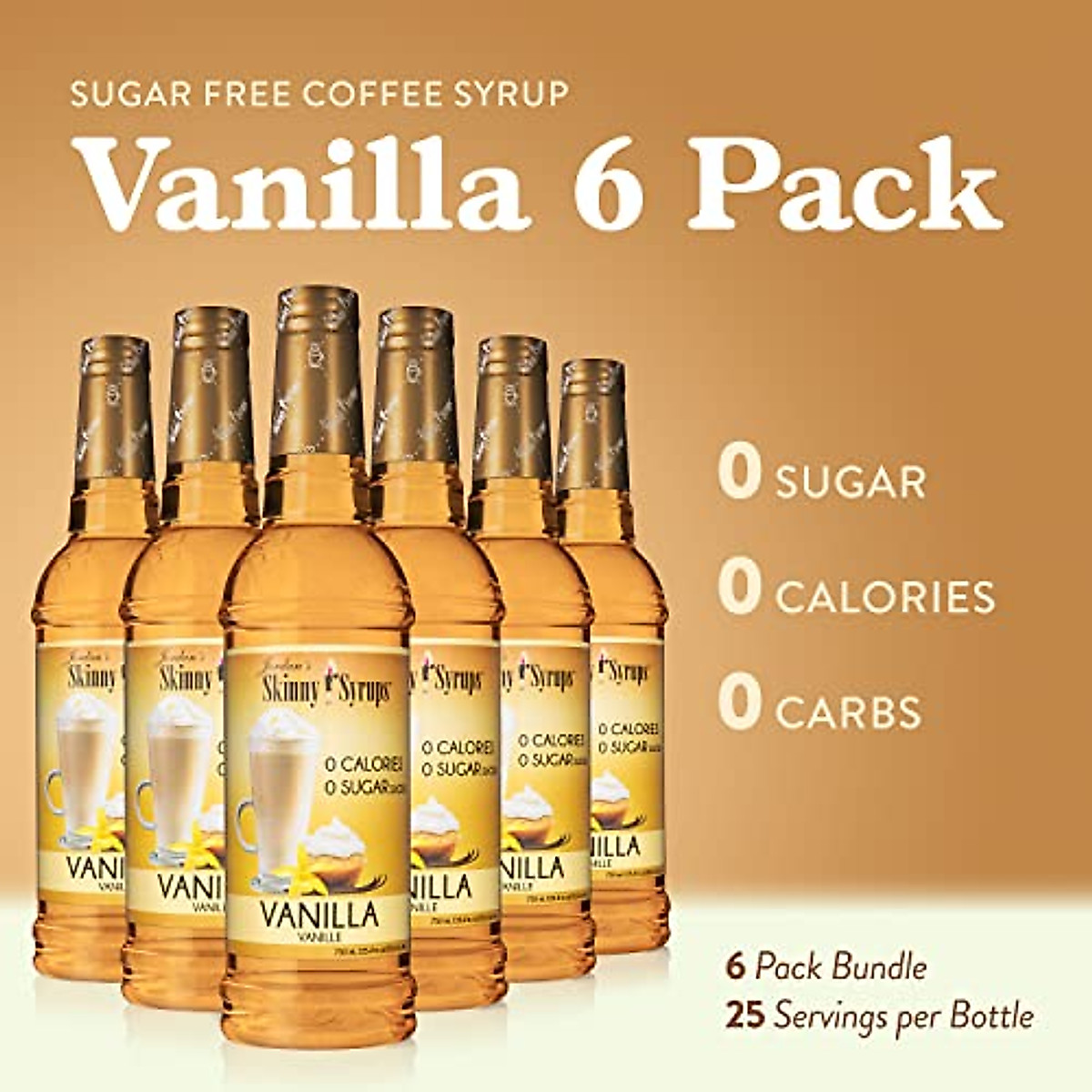 Jordan's Skinny Syrups Sugar Free Coffee Syrup, Vanilla Flavor Drink Mix, Zero Calorie Flavoring for Chai Latte, Protein Shake, Food and More, Gluten Free, Keto Friendly, 25.4 Fl Oz, (Pack of 6)