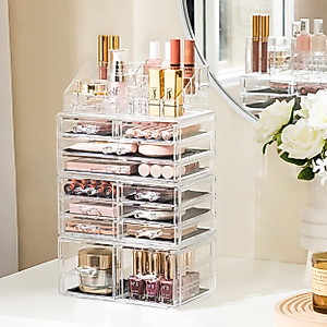 HBlife Acrylic Clear Dustproof Makeup Storage Organizer Drawers Large Skin Care Cosmetic Display Cases for Bathroom Stackable Storage Box with 12 Drawers for Vanity (Clear)