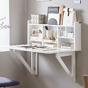 Haotian Wall Mounted Folding Table Drop-Leaf Floating Desk Trestle Desk Computer Table Writing Workstation with Storage Compartments, White, FWT07-II-W