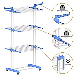 Mbillion Clothes Drying Rack Wall Mounted Space Saver Clothes Hanger Rack with Towel Bar Heavy Duty Suction Cups for Balcony Laundry Bathroom Patio and Bedroom (Blue)