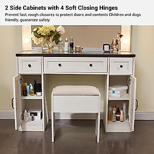 JXQTLINGMU Farmhouse Vanity Desk with Hollywood Makeup Mirror - Ample Storage Space with 3 Drawers & 2 Cabinets - Detachable Light Bulbs, Stool Included, Bedroom, White