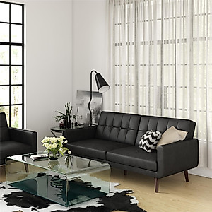 DHP Nia 79 Inch Futon Sofa Bed in Faux Leather, Upholstered Couch Sleeper with Button Tufted Back, Mid-Century Modern, Black