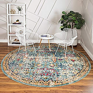 Unique Loom Monterey Collection Vintage Bohemian Inspired with Distressed Tribal Design Area Rug, Round 8' 0" x 8' 0", Blue/Yellow