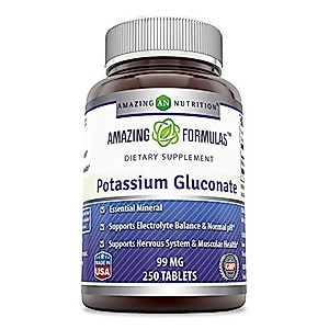 Amazing Formulas Potassium Gluconate 99 Milligrams - 250 Tablets (Non-GMO,Gluten Free) -Balances pH Levels - Supports Muscular Health