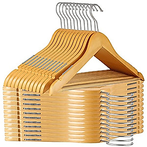 DEDU Wooden Hangers with Shoulder Grooves 24 Pack, Wooden Coat Hangers for Closet Heavy Duty with Non Slip Strip, Suit Hangers with Pant Bar 360° Swivel Hook for Shirt, Weeding Dress, Pants (Natural)