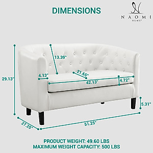 Emma Love Seat, Button Tufted Faux Leather Barrel Loveseat, Midcentury Modern 2 Seater Sofa Couch, Small Loveseat for Small Spaces, Bedrooms, Couches for Living Room, Easy Tool-Free Assembly - White