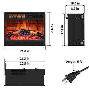 LIFEPLUS 22" Electric Fireplace Insert Infrared Quartz Recessed Heater with Remote Control 12h Timer with Log Flame Effect LED Display Adjustable Thermostat Overheat Protection for Office and Home