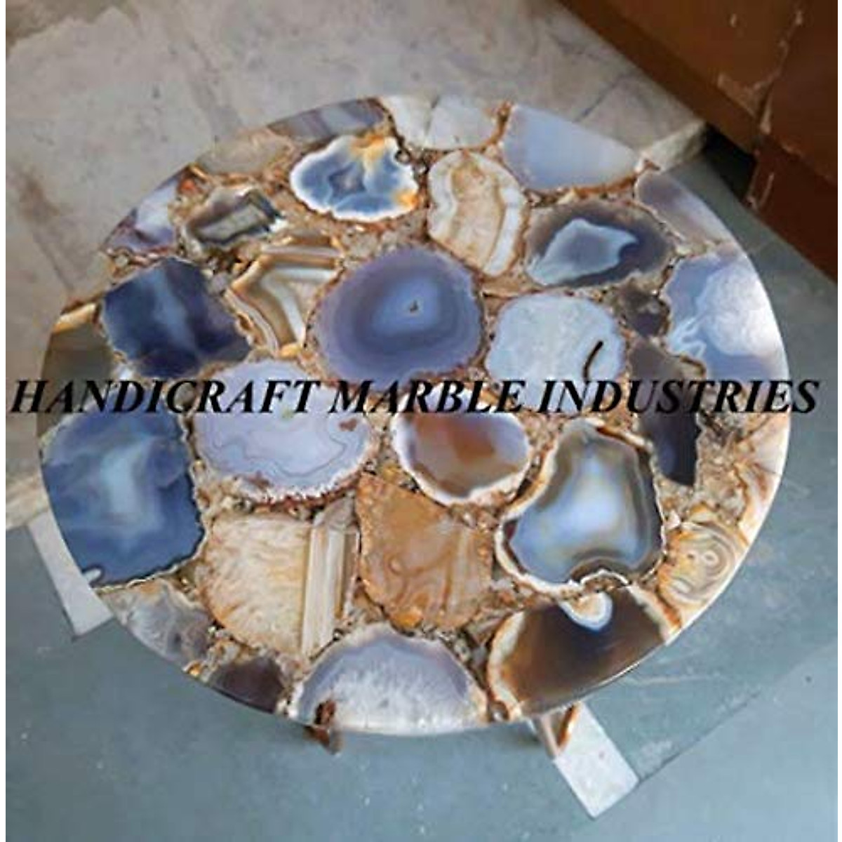 Agate Table With Metal Stand, Natural Agate Table, Round Agate Stone Table, Centerpiece, Agate Side Table 18" Inch, Piece Of Conversation, Family Heir Loom