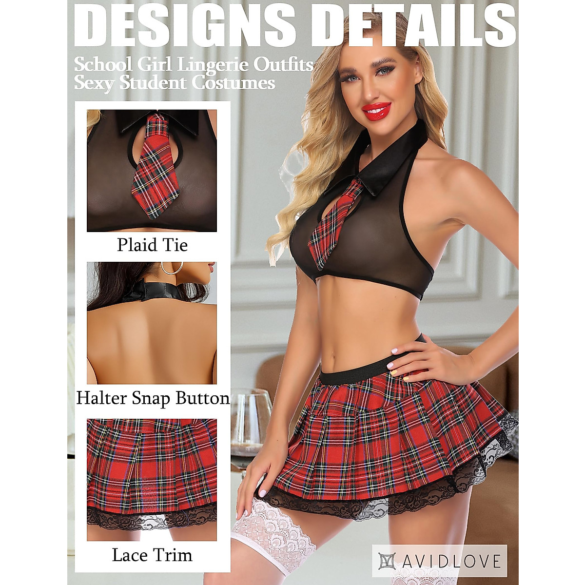 Avidlove Costume Lingerie School Roleplay Skirt Set Sexy Student Outfits Black XS