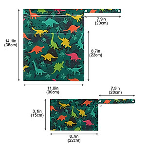 Qilmy 2pcs Dinosaur Wet Dry Bag Waterproof Reusable Baby Cloth Diaper Wet Dry Organizer for Travel, Beach, Stroller, Diapers, Wet Swimsuits, Toiletries