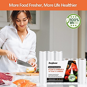 Anybear Vacuum Sealer Bags Rolls, 3 Pack 11''x16' & 3 Pack 8''x16' Commercial Food Storage Bags for Custom Fit with BPA Free and Heavy Duty, Use for Storing Raw and Cooked Foods Meal Prep or Sous Vide