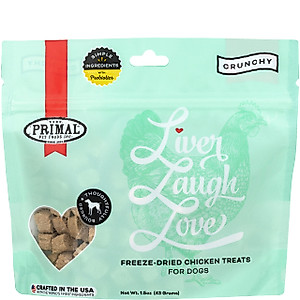 Primal Freeze Dried Dog Treats; Chicken Liver Dog Treats with Probiotics for Dogs; Liver, Laugh, Love; Crunchy Grain Free Training Treats for Dogs, 1.5 oz
