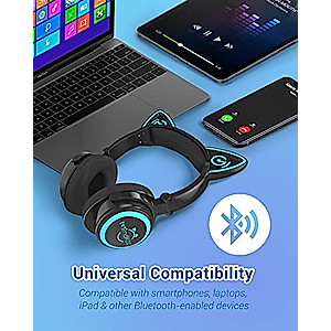 MindKoo Cat Ear Bluetooth Headphones with Microphone, LED Light Up Over Ear Headphones, Volume Control and Foldable Headset for Tablet/PC/iPad/Cell Phones, Gift for Kids Boys & Girls