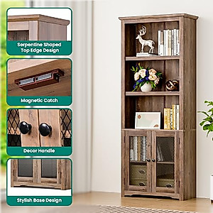 Naice Bookshelf 70" Tall Bookcase, 5 Shelf Book Shelf with Glass Doors Adjustable Display Storage Shelves Wood Large Bookshelf Furniture for Bedroom Home Office Living Room