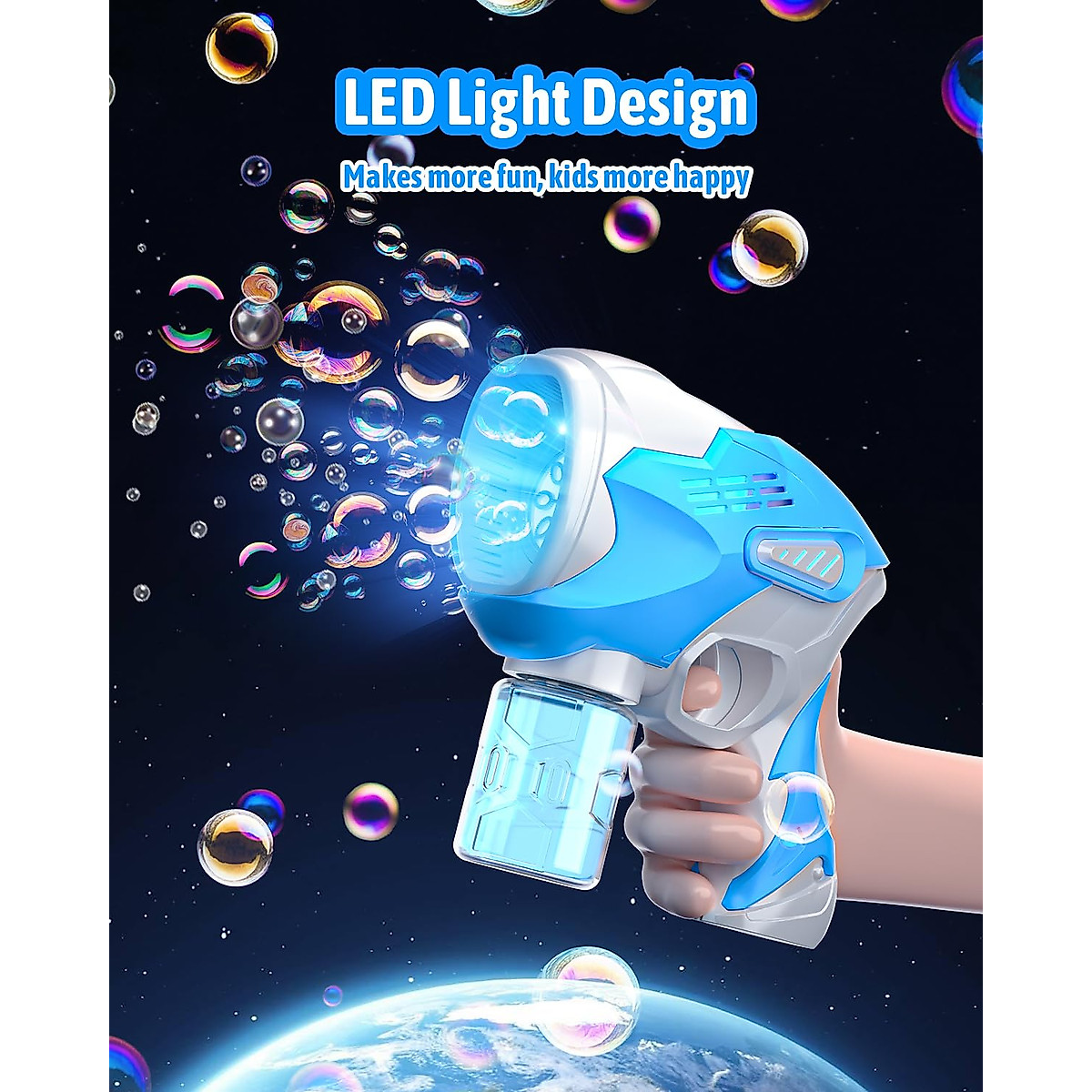 Boerfmo Bubble Gun - Bubble Machine for Kids - 8 Holes Bubbles Wands Blaster with LED Light, Bubble Solution & Batteries - Boys Toys Gifts for Ages 3+, for Outdoor Party, Easter Basket Stuffers