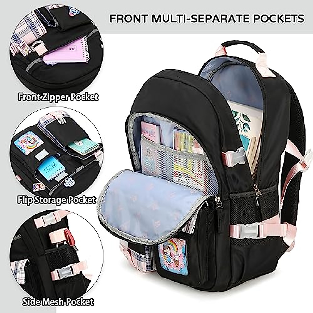 Hey Yoo Cute Backpack for School Backpack for Girls Backpack with Lunch Box Bookbag Set Kids Backpacks for Teen Girls (Black)