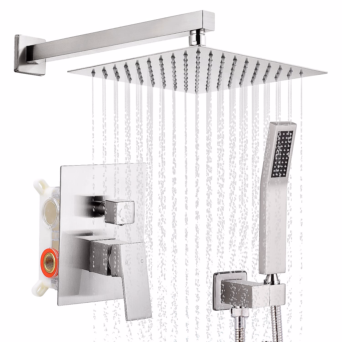 Qomolangma 12 inch Rain Shower System, Bathroom Shower Faucet Set with Pressure Balance Valve, Wall Mounted 2-Functions Shower Systems with Rain Shower and Handheld Spray Shower Trim Included