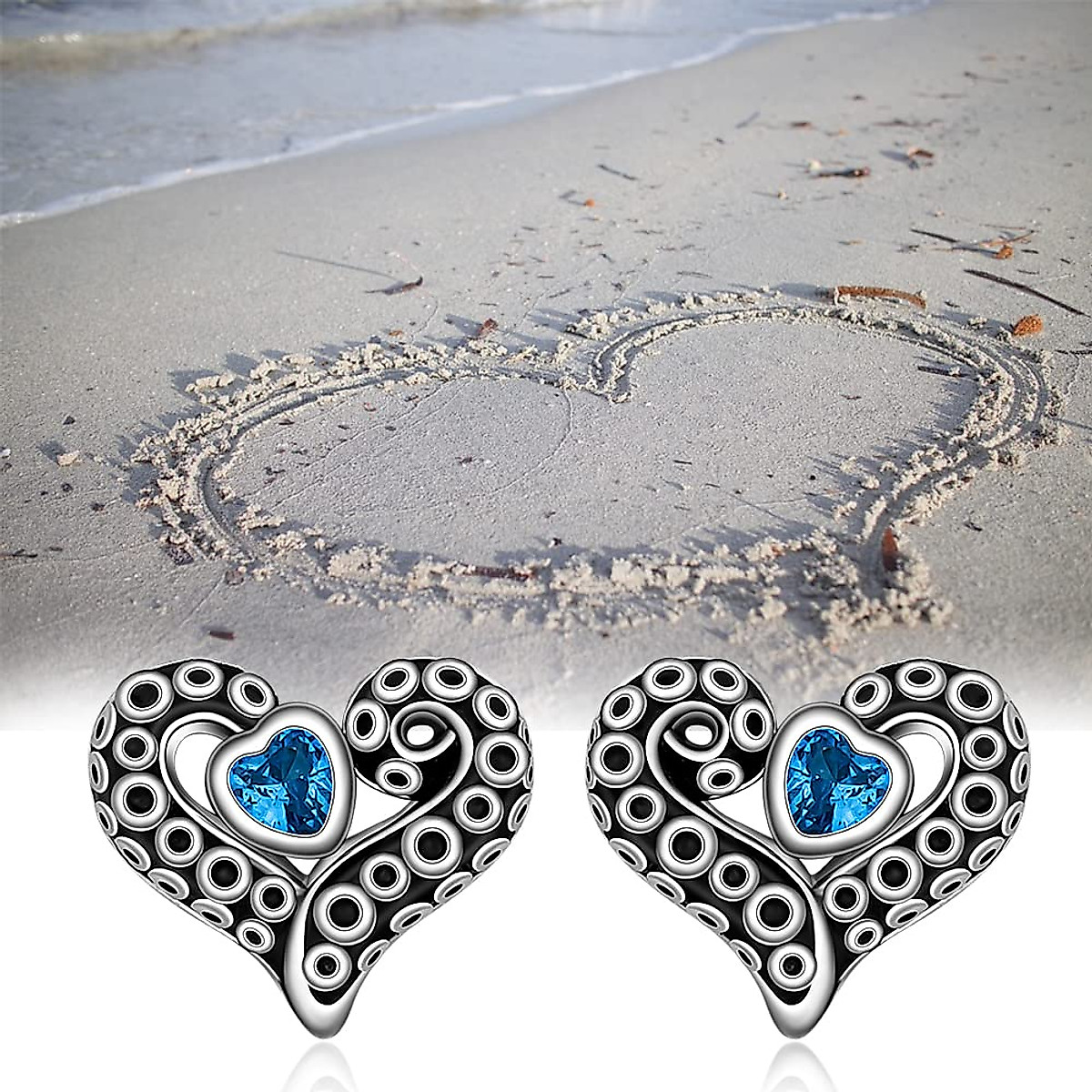 Tentacle Earrings for Women Sterling Silver Blue Heart Cubic Zirconia Ocean Black Octopus Tenticles Earrings Studs Gifts for Her