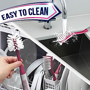 Dish Brush Set of 3 with Bottle Water Brush, Dish Scrub Brush and Scrubber Brush - Kitchen Scrub Brushes Ergonomic Non Slip Long Handle for Cleaning Cleaner Wash Sink Dishes Bottle Cup Glass Pot (Red)