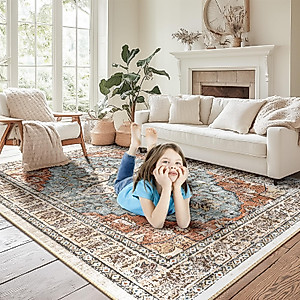 BESTSWEETIE Area Rug 8x10 Rugs for Living Room 8 x 10 Washable Rugs Non Slip Vintage Boho Living Room Rugs for Bedroom Dining Room, Distressed Floral Pattern Carpet, Green Brick Rust Red