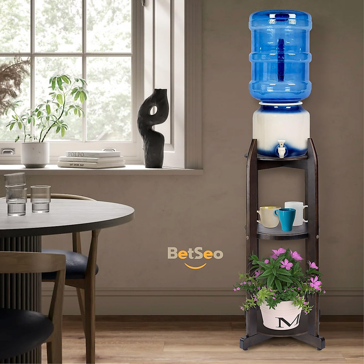 BETSEO Natural Solid Wood Water Dispenser Floor Stand (32.8" Hight-11.2" Wide) Drink Dispenser Floor Stand with 3 Round Shelfs Included for 1-5 Gallon Water Bottles/Crocks, Water Jug (Walnut Color)
