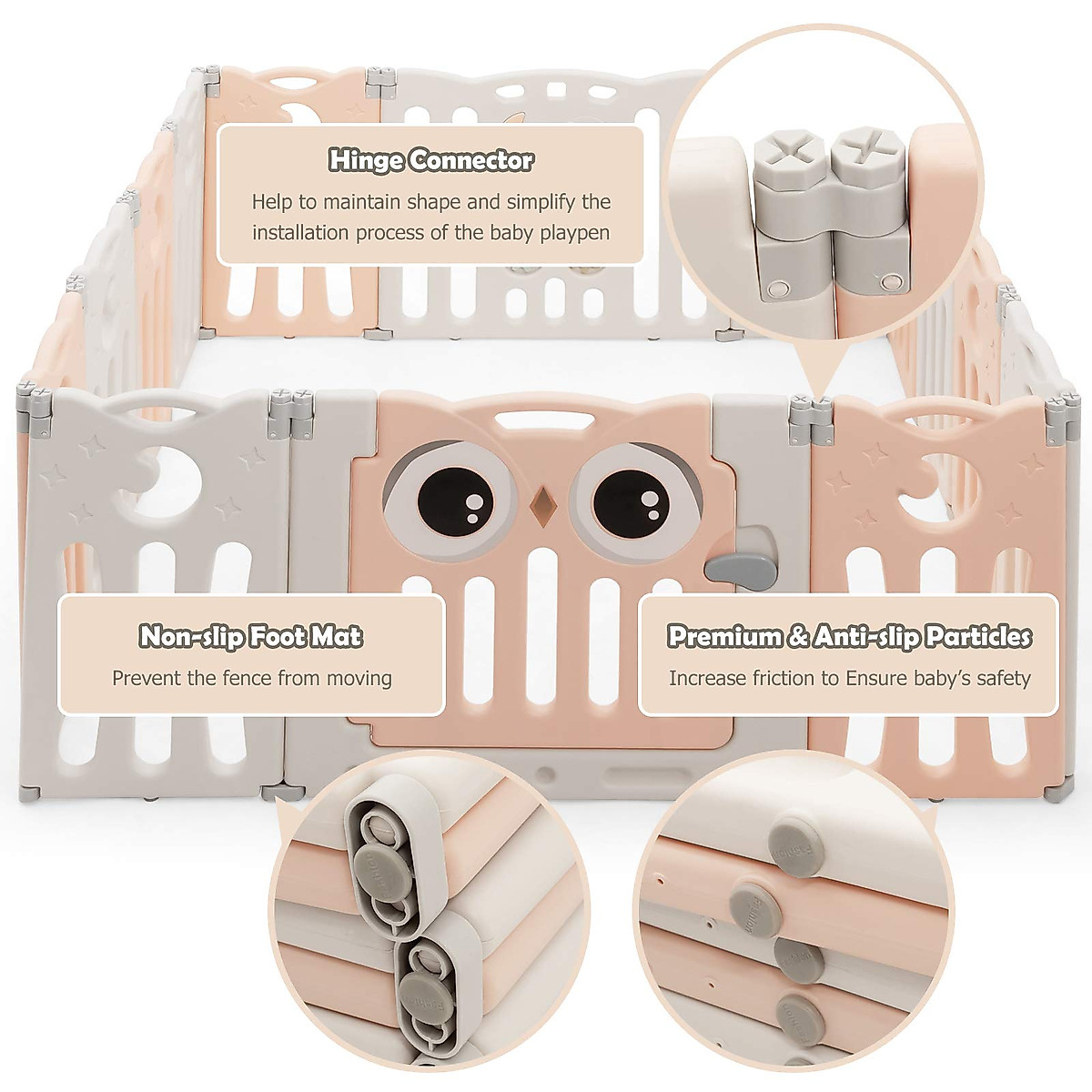 Costzon Foldable Baby Playpen Baby Fence with Lock Door, Rubber Pads & Anti-Slip Rubber Bases, Indoor Outdoor Safety with Adjustable Shape for Toddlers (14-Panel, Pink)