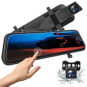 Volway 10" 4K Mirror Dash Cam w/Voice Control, Enhanced Night Vision, Full Touch Screen, Waterproof Backup Camera Rear View Mirror Camera, Parking Assistance, Loop Recording, USB Type C