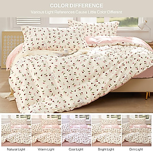 SAPHREAS Home Cute Pink Cherry Duvet Cover Cotton Girls Bedding Set Kawaii Rabbit Pattern Bedding Comforter Cover Kids Teens Cute Bed Set 3pcs 1 White Duvet Cover 2 Pillowshams Queen Size