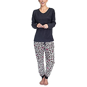 Hanes Women's Cozy Up Jogger 2 Piece Set Top and Jogger Pajamas, Black/Leopard, X-Large