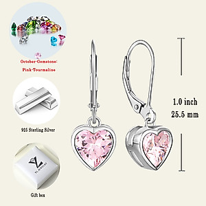 YL Women's Solitaire Dangle Drop Earrings Sterling Silver Heart Leverback Earrings Created Pink Tourmaline Jewelry Gifts