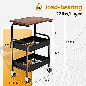 HIDODO Rolling Cart with Wooden Tabletop, 3 Tier Metal Utility Cart, Rolling Storage Organizer Cart with Lockable Wheels for Kitchen, Office, Bedroom (Black)