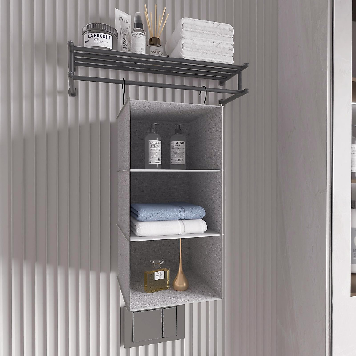 DonYeco Hanging Closet Organizer, Easy Mount Collapsible 3-Shelf Camper Closet Wardrobe Hanging Storage Shelves, Folded Clothes Towels Handbag Shoes Accessories Storage, Linen Cloth, Gray