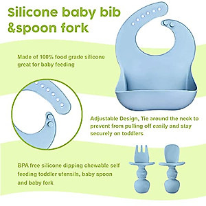 BAEDIMI Baby Led Weaning Supplies - Silicone Baby Feeding Set - Divided Plate, Suction Bowl, Bib, Self Feeding Spoon and Fork, Teethers Set - First Stage Solid Food Eating Utensils 6+ Months
