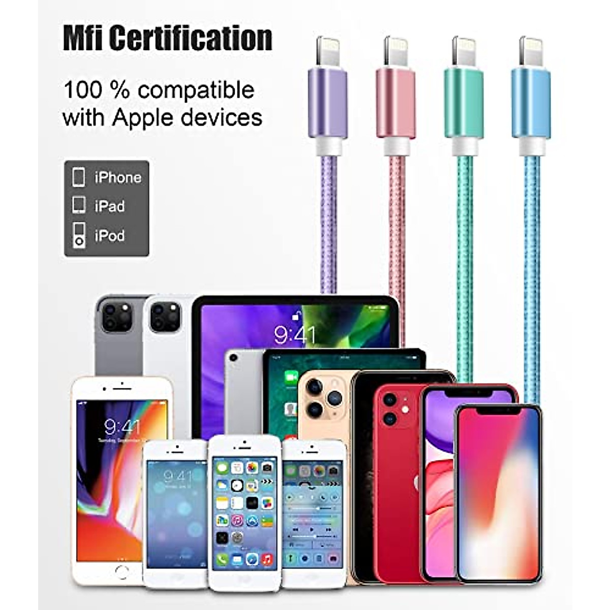 iPhone Charger Cord 4Pack【3FT/6FT/6FT/10FT】MFi Certified Lightning Cable Fast Charging Cord Nylon Braided iPhone Charging Cable Compatible with iPhone13 /12/11 /Pro Max/XR/8/7/6/6s/SE 2020-Multicolor