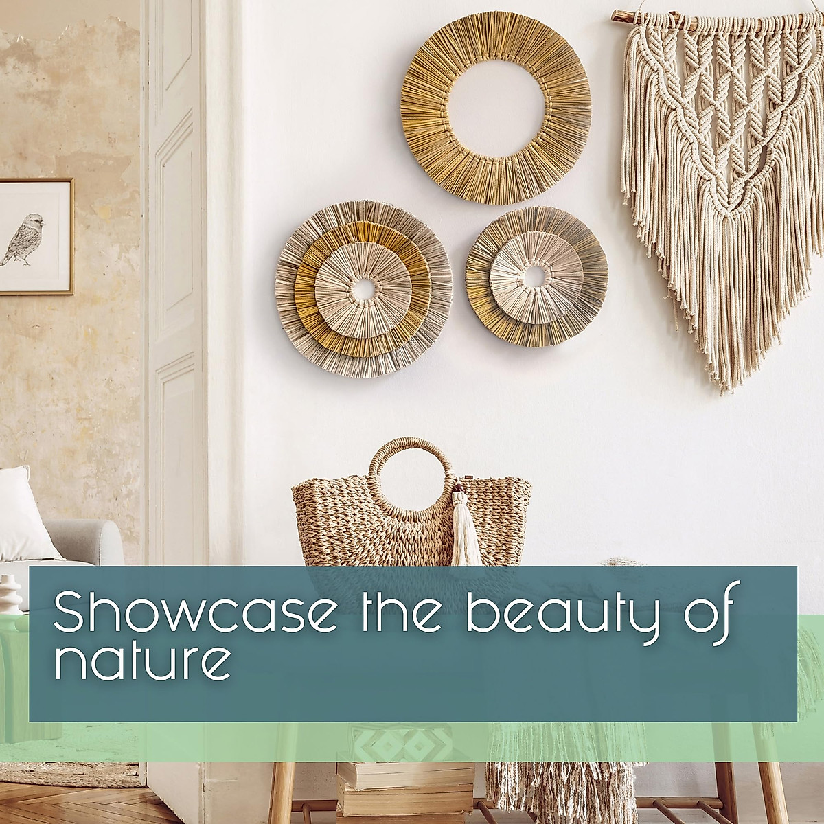 Maraa Wall Basket Decor Set of 4 Seagrass Baskets. Luxurious Wicker Wall Art for Bedroom, Living Room, Home Office - Boho, Farmhouse, Rustic Style Hanging Decorative Woven Wall Baskets