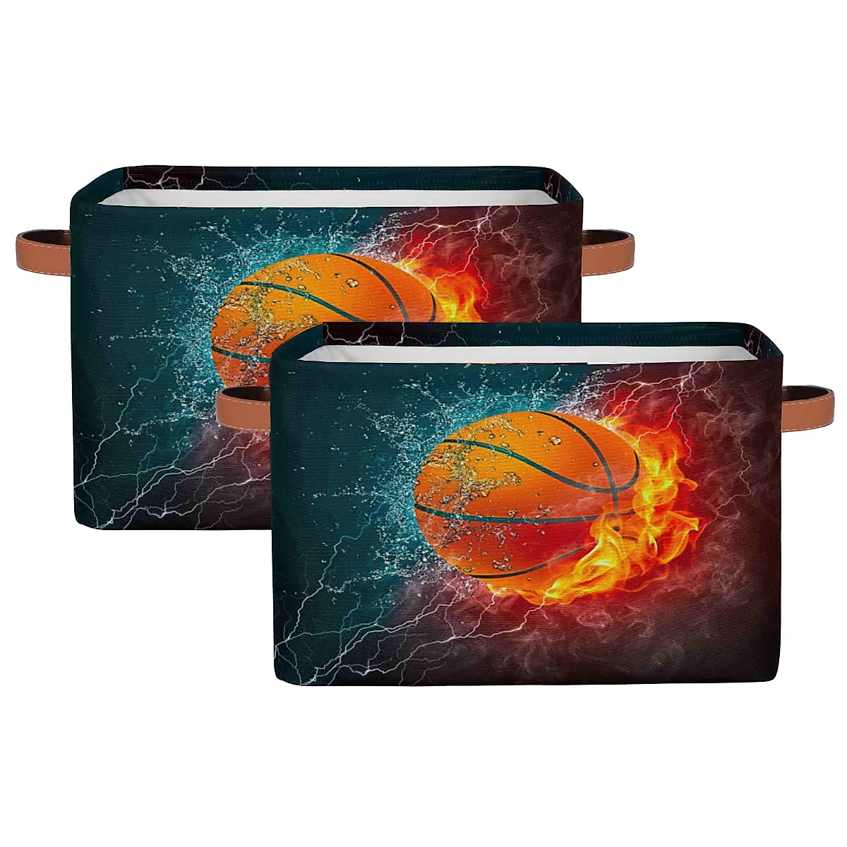 Firey Basketball Storage Basket Cube Sport Ball Large Toys Storage Box Bin with Handle Collapsible Closet Shelf Cloth Organizer for Nursery Bedroom,15x11x9.5 in,1 Pack