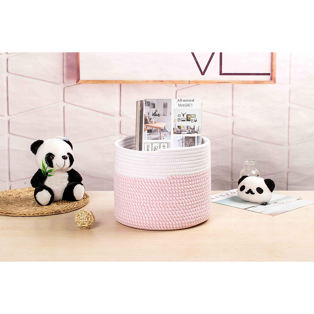 YUKIMOCOO S Size Pink Cotton Rope Basket with Lid Mini Woven Basket Cute Toy Storage Basket Towel Storage Little Organizer Pink Basket for Living Room Nursery Storage Basket Pink Basket for Girl
