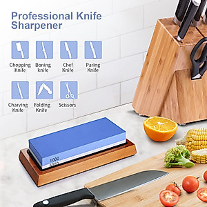 Whetstone Sharpening Stone Knife Sharpener, 2 Side 1000/6000 Grit Knife Sharpening Wet Stone Tool Kit for Kitchen Hunting, Non-Slip Bamboo Base Angle Guide Sharpening Stones for Knives