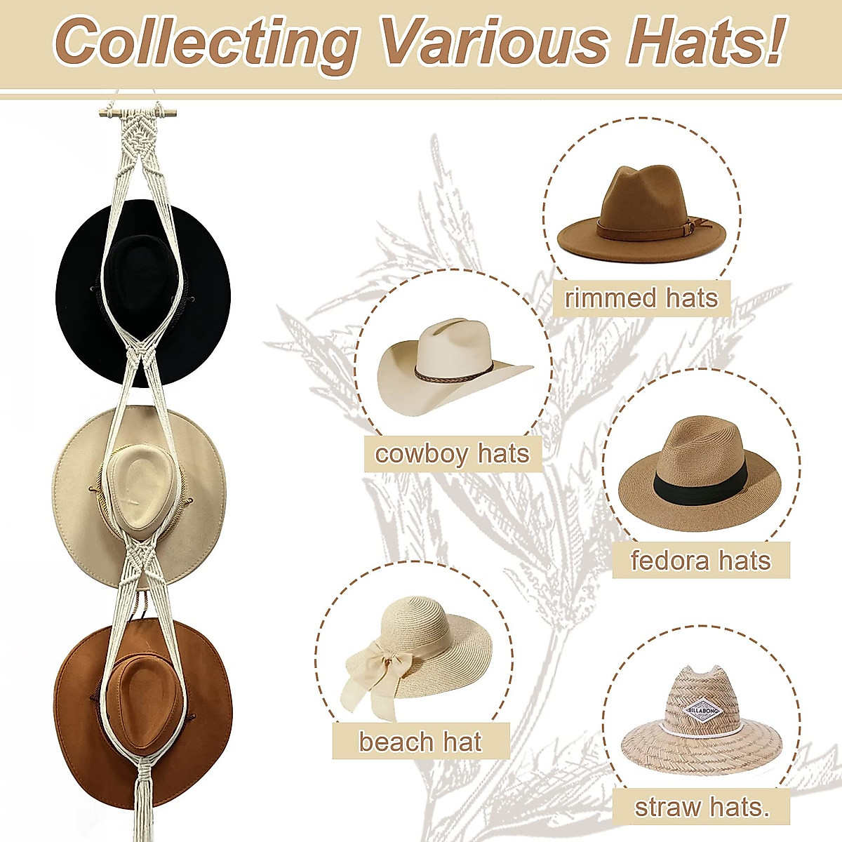 Gute Macrame Hat Hangers, Boho Hats Rack for for Wall Hanging, Black White Woven Women Hat Holder Organizer for Wide Brim and Fedoras Sun Hat Cowboy Hat Display(White,3 Hat Style)