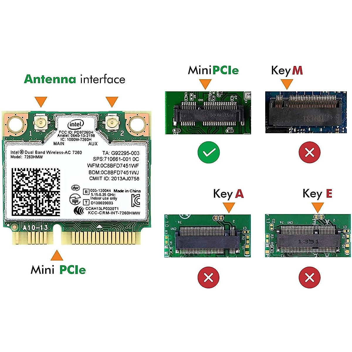 7260HMW WiFi Card, Dual Band Wireless-AC 7260 Mini PCIe Network Adapter with Bluetooth 4.0 Support Windows 10, Windows 8, Windows 7, WiFi Module Work with Laptop/Notebook