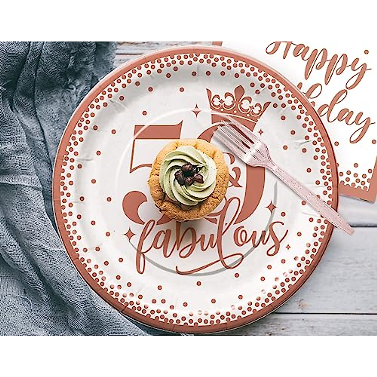 GREPARPY 50th Birthday Decorations Women Tableware - Rose Gold 50 And Fabulous Birthday Decorations Dinnerware, Fifty Birthday Plate, Napkin, Fork, Her 50-Year-Old Birthday Party Supplies | Serve 24