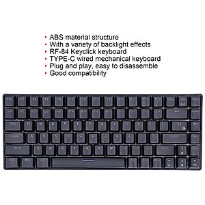 ASHATA TypeC Wired Gaming Keyboard, Portable 84 Keys Type‑C Backlight Gaming/Office Keyboard for PC/Laptop, Blue Switch (Black Blue axis Mixed Light)