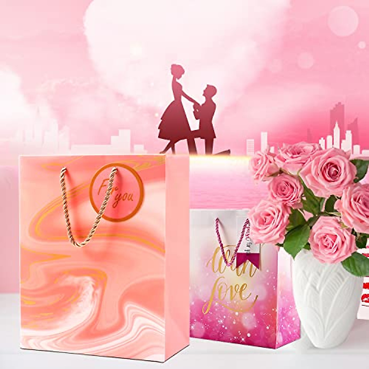 MAMUNU 5 Pack Gift Bags Medium Size, Pink paper Bag with Dot, Love, Heart Pattern, Party Favor Bags Bulk with Handles for Valentine's Day, Wedding, Mother's Day, Birthday, Anniversary, Baby Shower Goodie Bags, 9.8 x 7.9 x 3.9 Inch