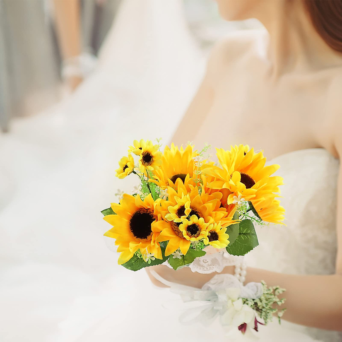 Levana.m Artificial Sunflowers Bouquet with Stems Silk Sunflowers Fake Yellow Flowers for Wedding DIY Garden Craft Art Home Decor Birthday Party Outdoor Decor